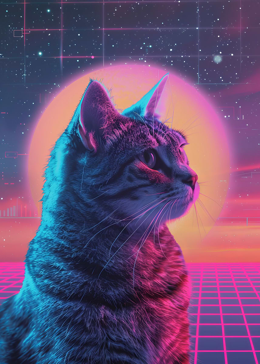 'Retro Cat in Neon Lights' Poster, picture, metal print, paint by ...