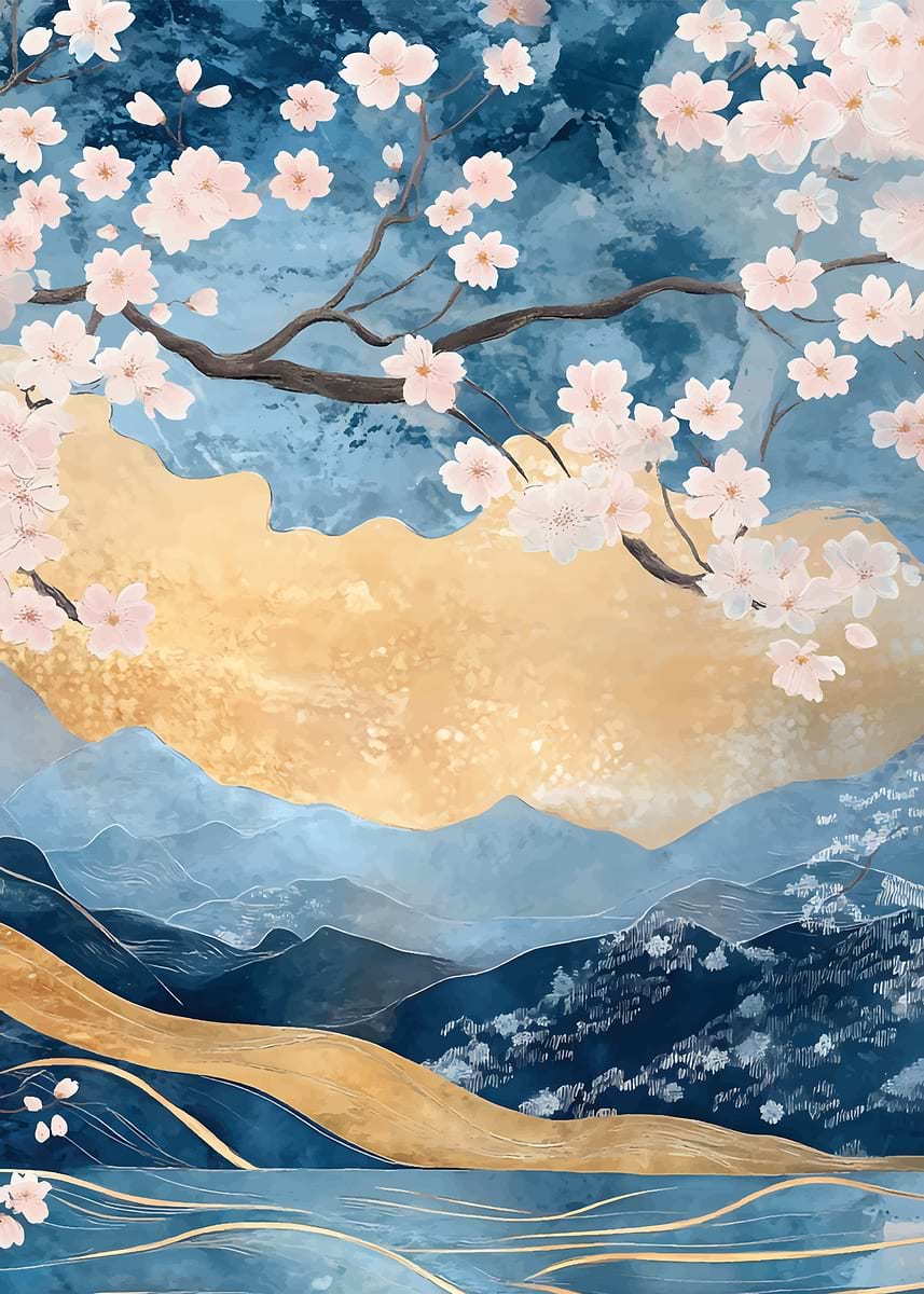 'Cherry Blossom Mountain Landscape' Poster, picture, metal print, paint ...