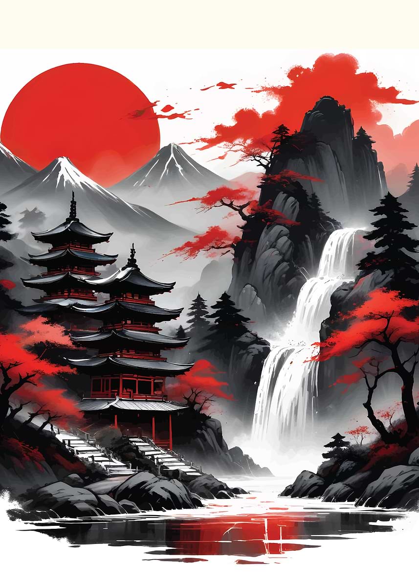 'Red moon Temple Landscape' Poster, picture, metal print, paint by ...