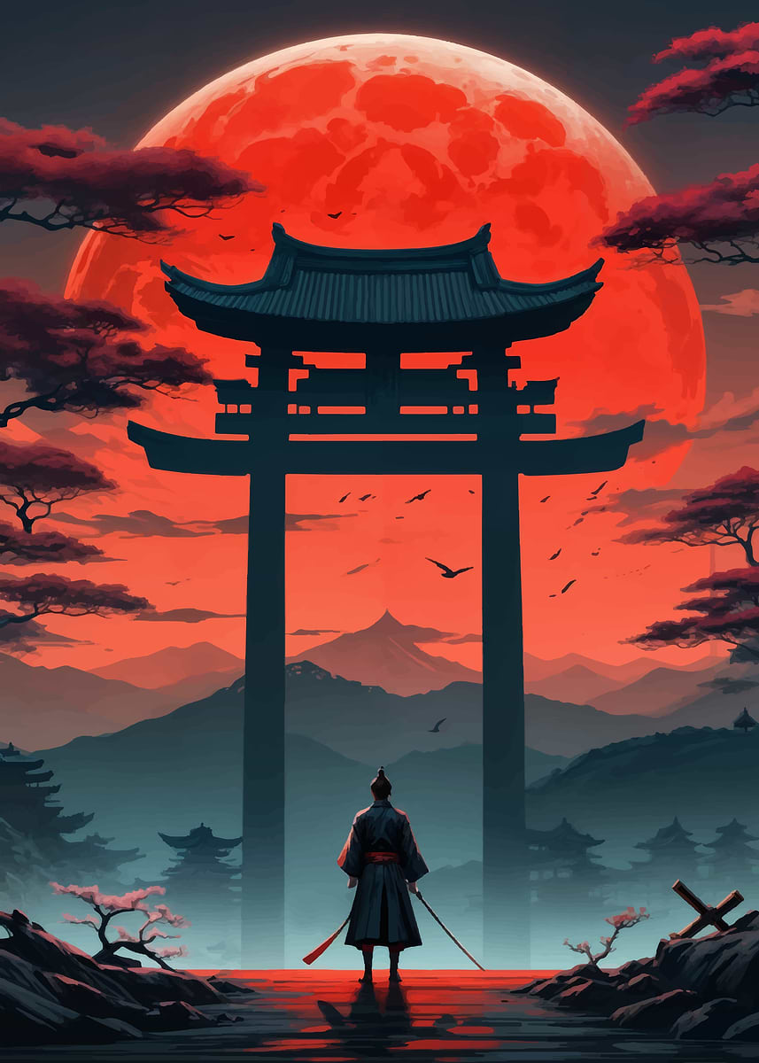 'Samurai Under Red Moon' Poster, picture, metal print, paint by ...