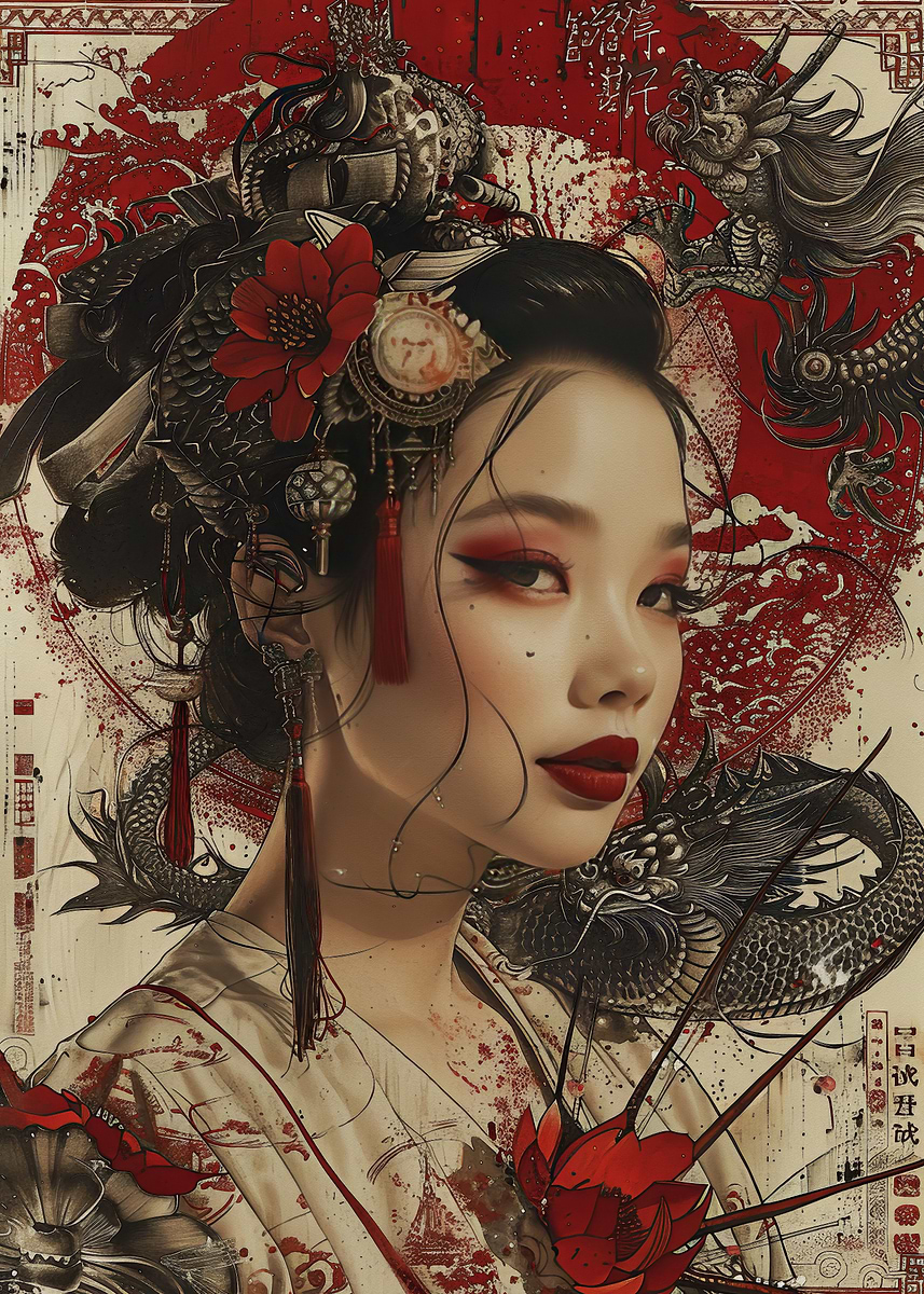 'Geisha with Dragon and Cherry Blossoms' Poster, picture, metal print ...
