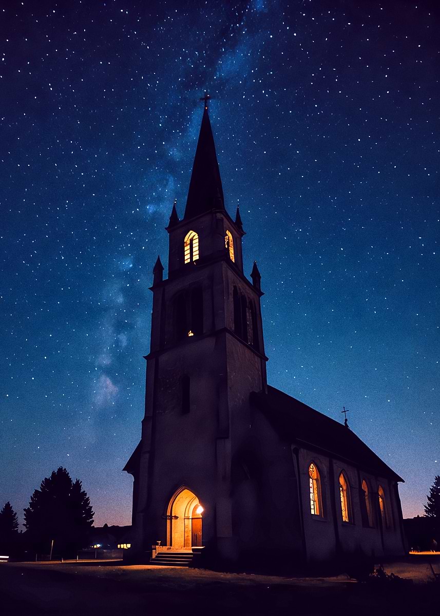 'Church Under Starry Sky' Poster, picture, metal print, paint by Robin ...