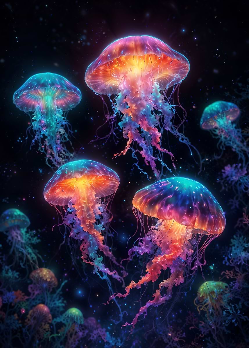 'Neon Glowing Jellyfish Art' Poster, picture, metal print, paint by ...