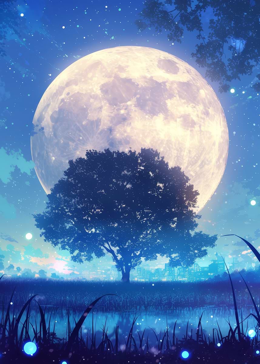 'Full Moon Night Landscape' Poster, picture, metal print, paint by ...