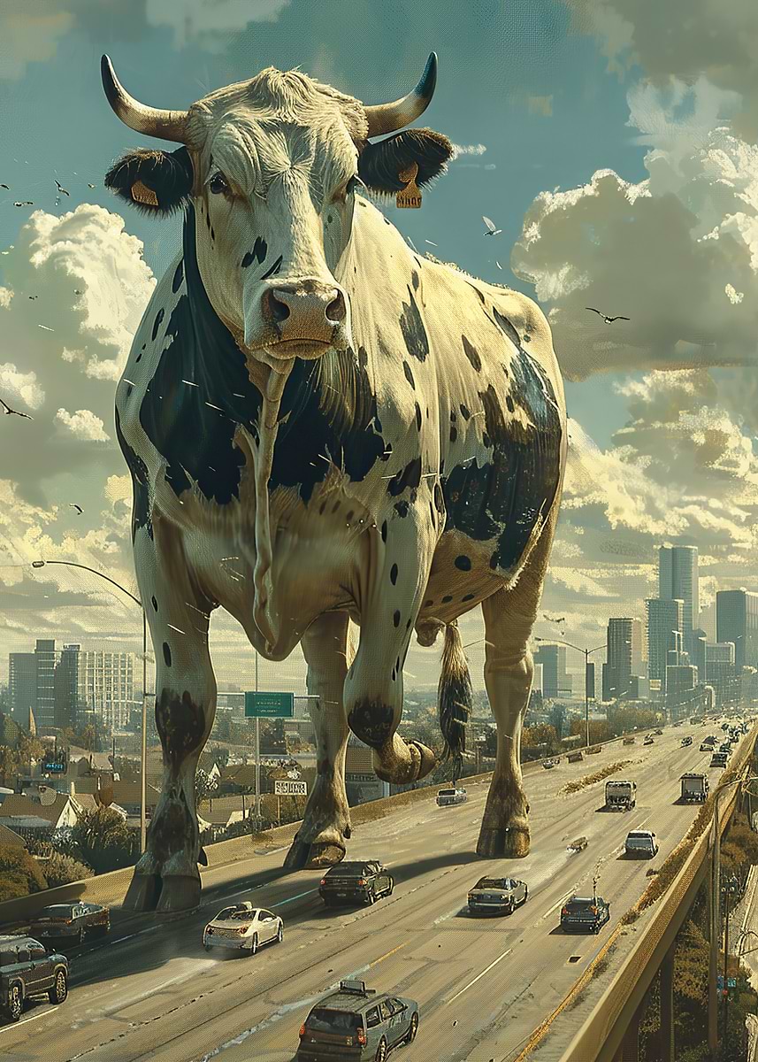 'Giant Cow in City' Poster, picture, metal print, paint by Brabusa ...