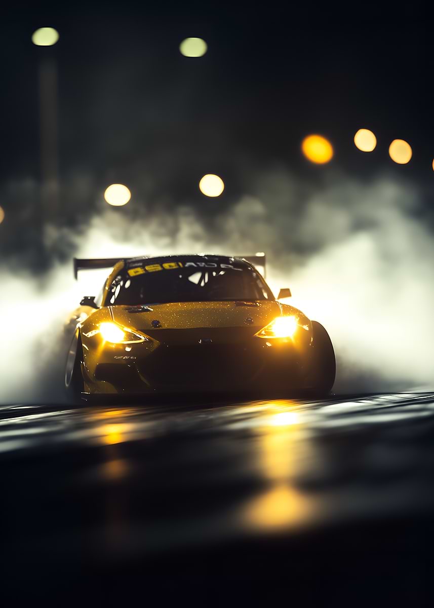 'yellow racing car drifting out of a cloud of smoke' Poster, picture ...