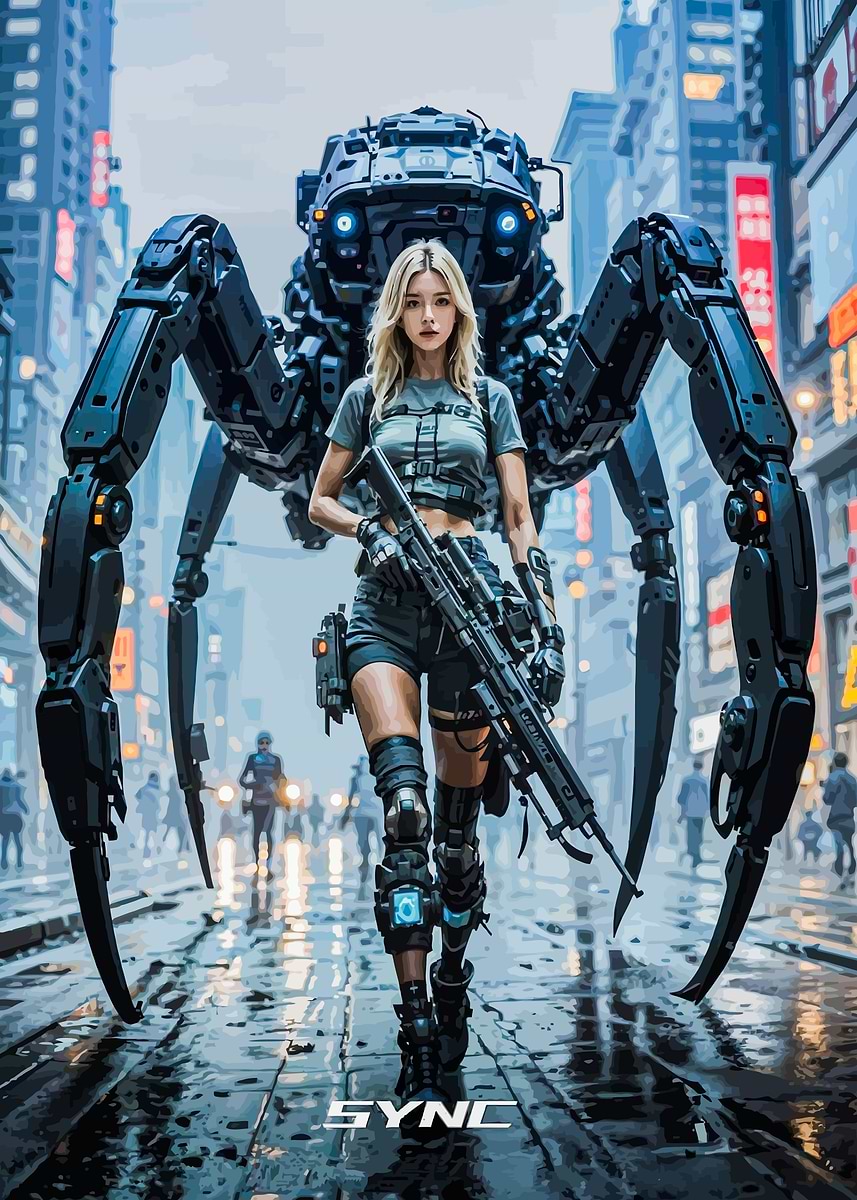 'Cyberpunk Female Soldier with Mech' Poster, picture, metal print ...