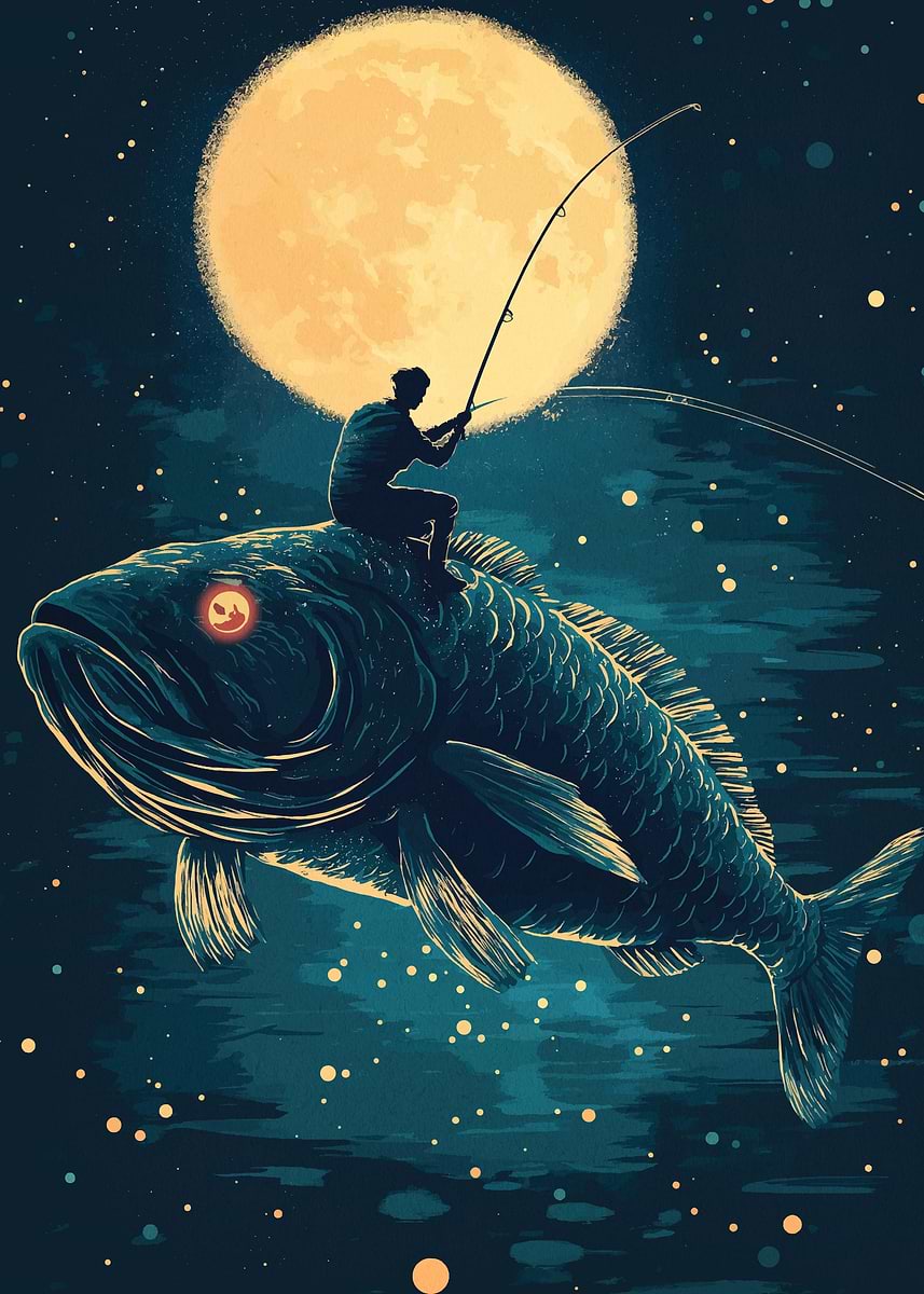 'Man Fishing on Giant Fish' Poster, picture, metal print, paint by ...