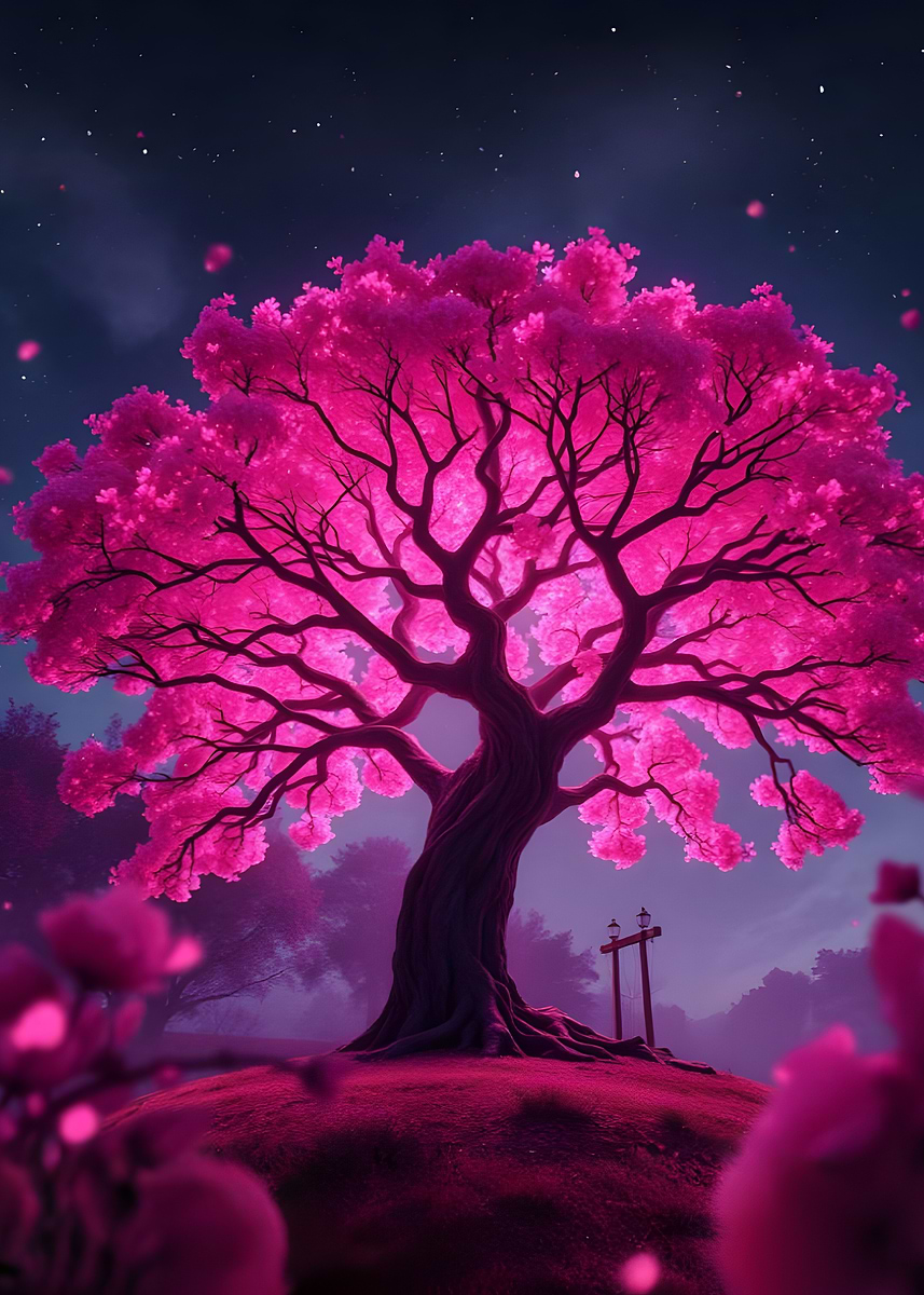 'Pink Sakura Tree Night' Poster, picture, metal print, paint by Danas A ...