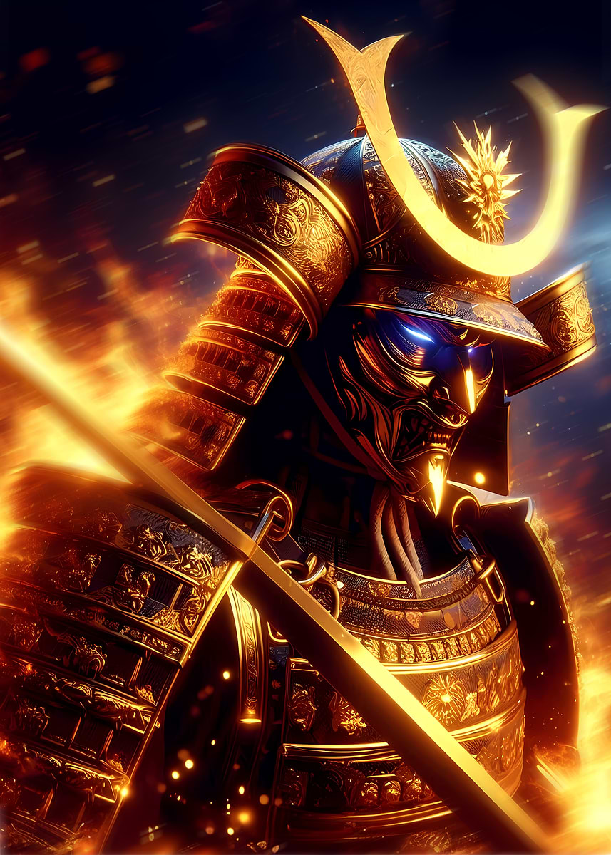 'Focused Golden Samurai Warrior' Poster, picture, metal print, paint by ...