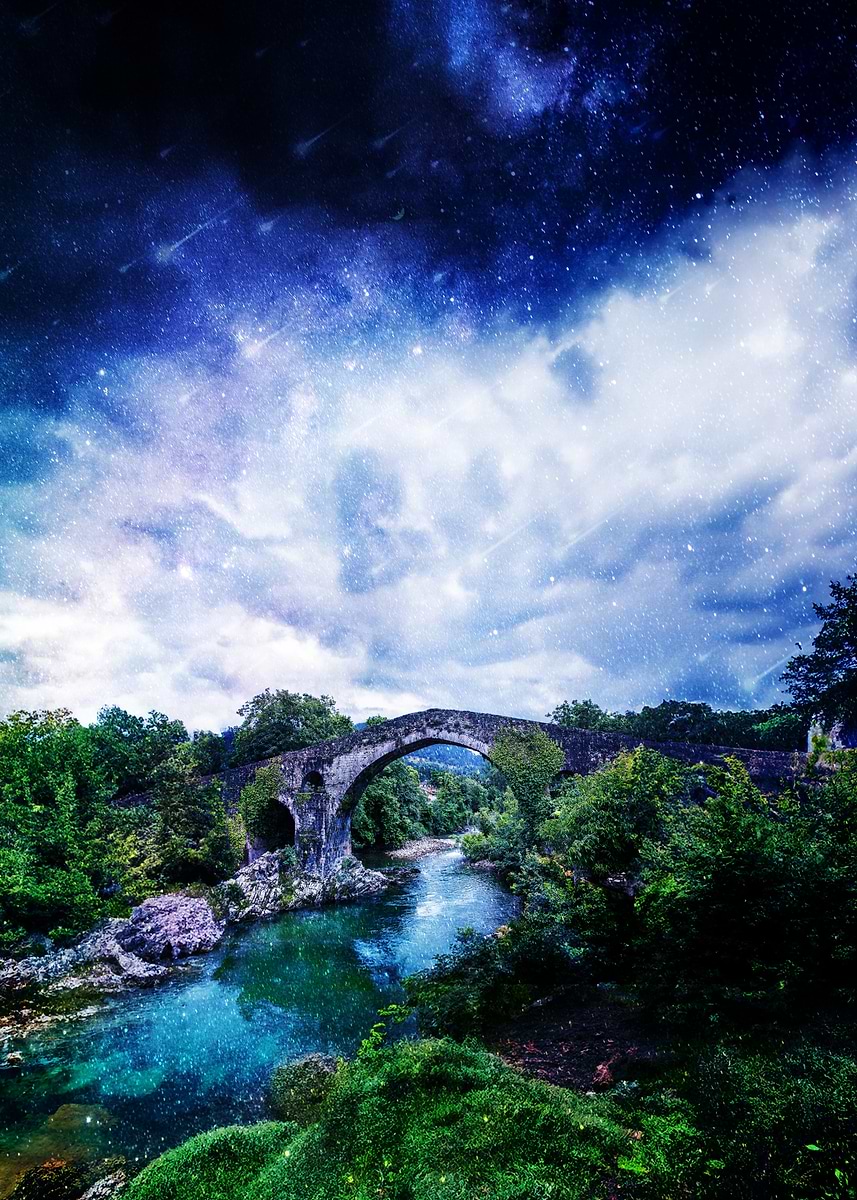 'Stone Bridge Under Starry Sky' Poster, picture, metal print, paint by ...