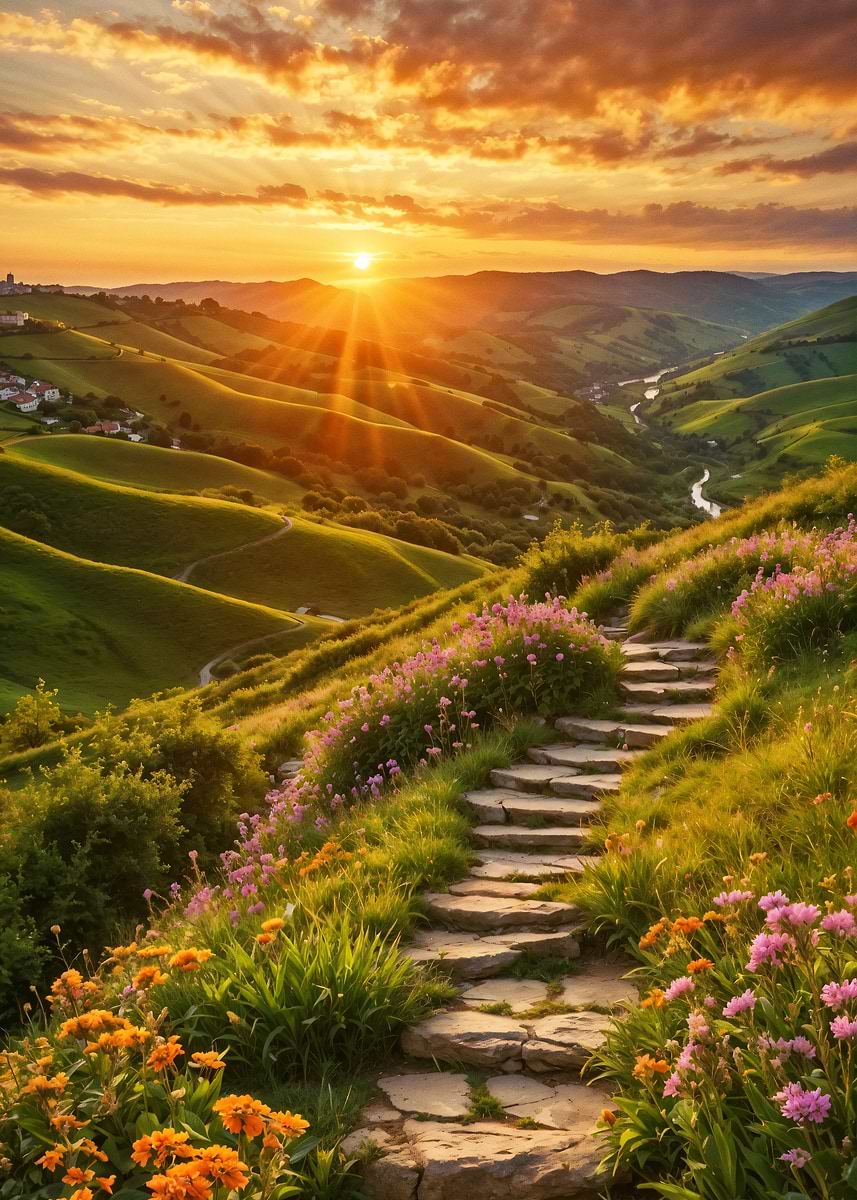 'Sunset Mountain Path' Poster, picture, metal print, paint by ...