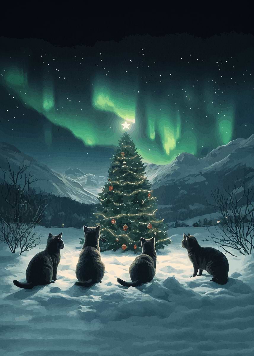 'Cats Under Northern Lights' Poster, picture, metal print, paint by ...