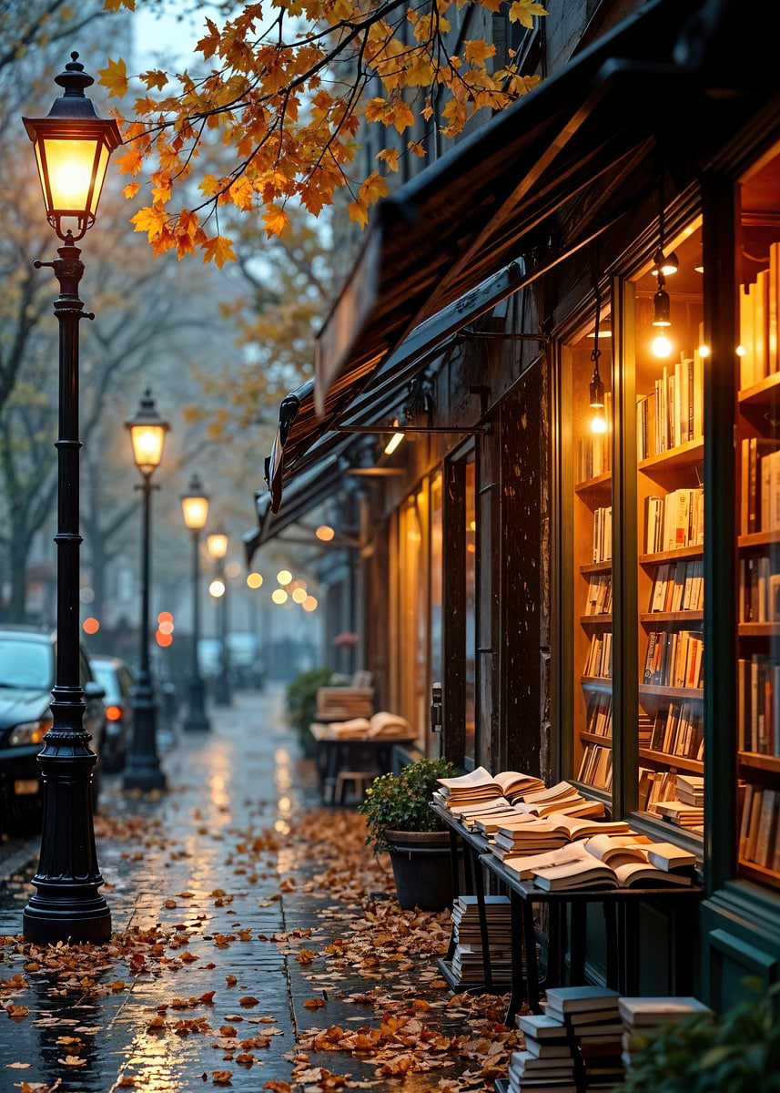'Rainy Bookstore Street' Poster, picture, metal print, paint by ...