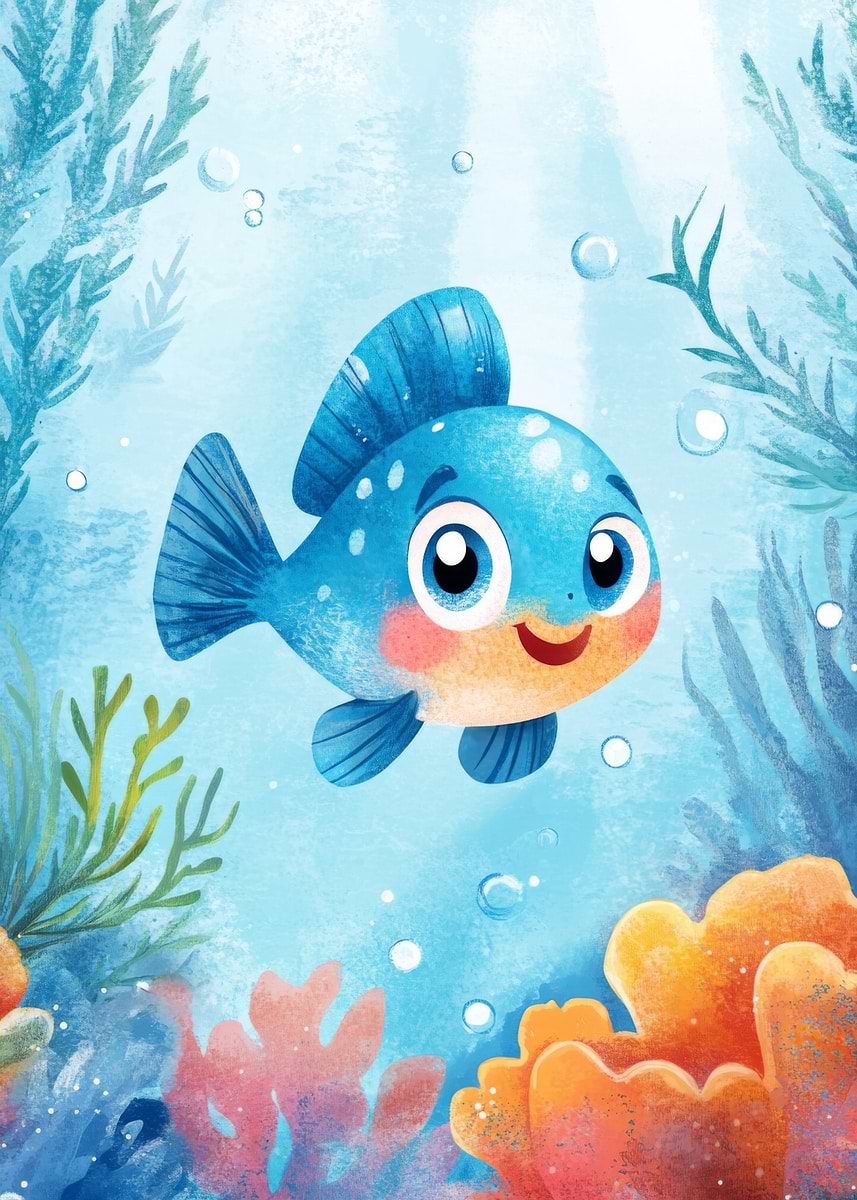 'Cute Blue Fish Underwater' Poster, picture, metal print, paint by ...