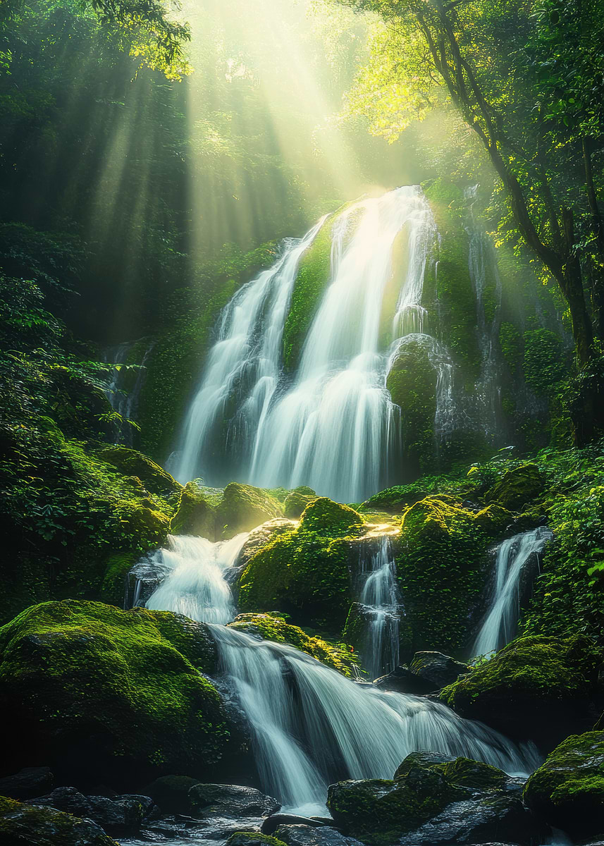 'Waterfall in Lush Forest' Poster, picture, metal print, paint by XVKE ...