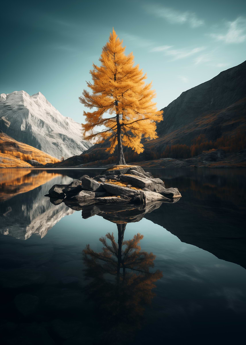 'Golden Tree Reflection' Poster, picture, metal print, paint by MollyPhick | Displate