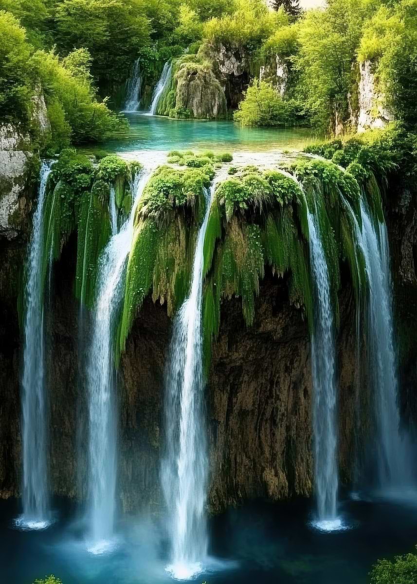 'Waterfall in Lush Forest' Poster, picture, metal print, paint by XVKE ...