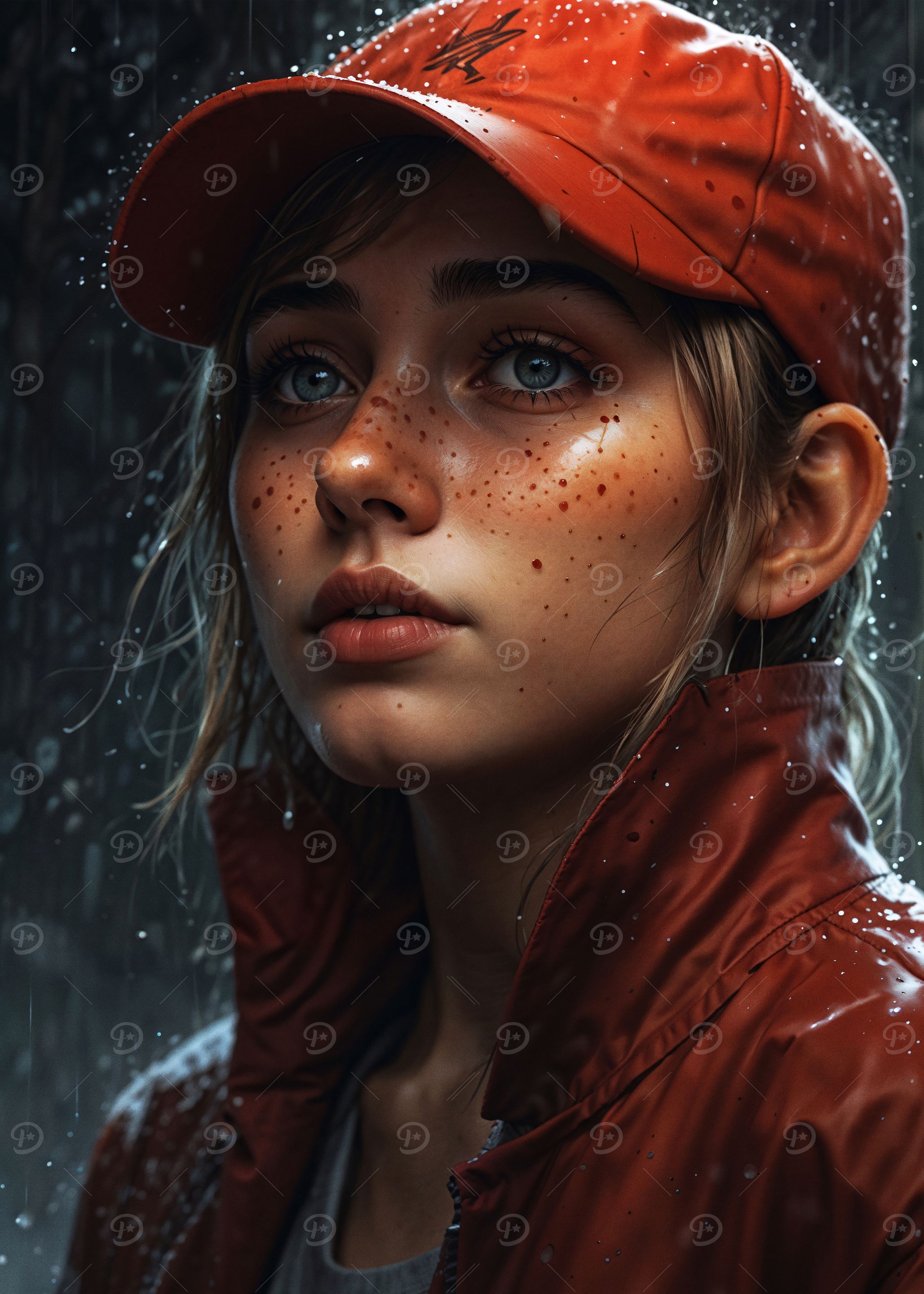'Woman in Red Rain' Poster, picture, metal print, paint by Xiao Qing ...