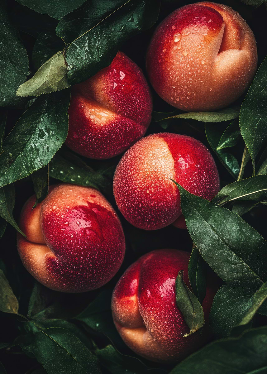 'Juicy Peaches with Dew Drops' Poster, picture, metal print, paint by ...