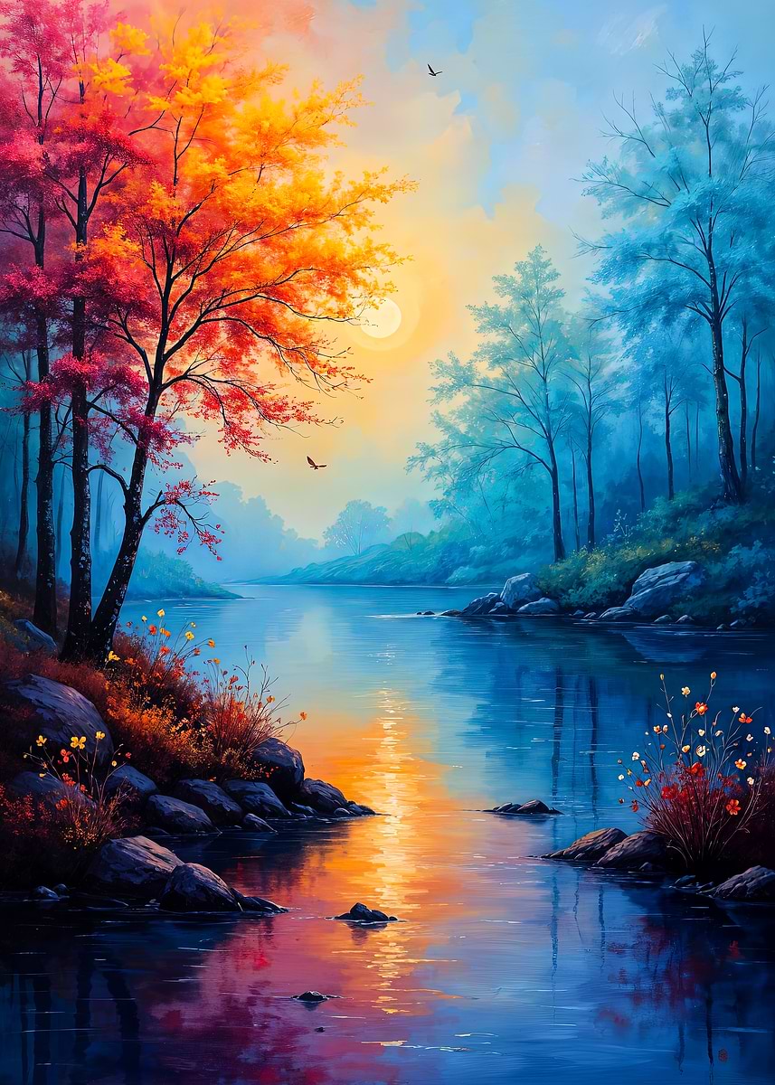 'Autumn Sunset River' Poster, picture, metal print, paint by Art Dreams ...