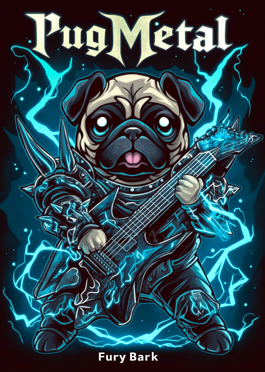 'Pug Metal Fury Bark' Poster, picture, metal print, paint by VectorVerse Studio | Displate