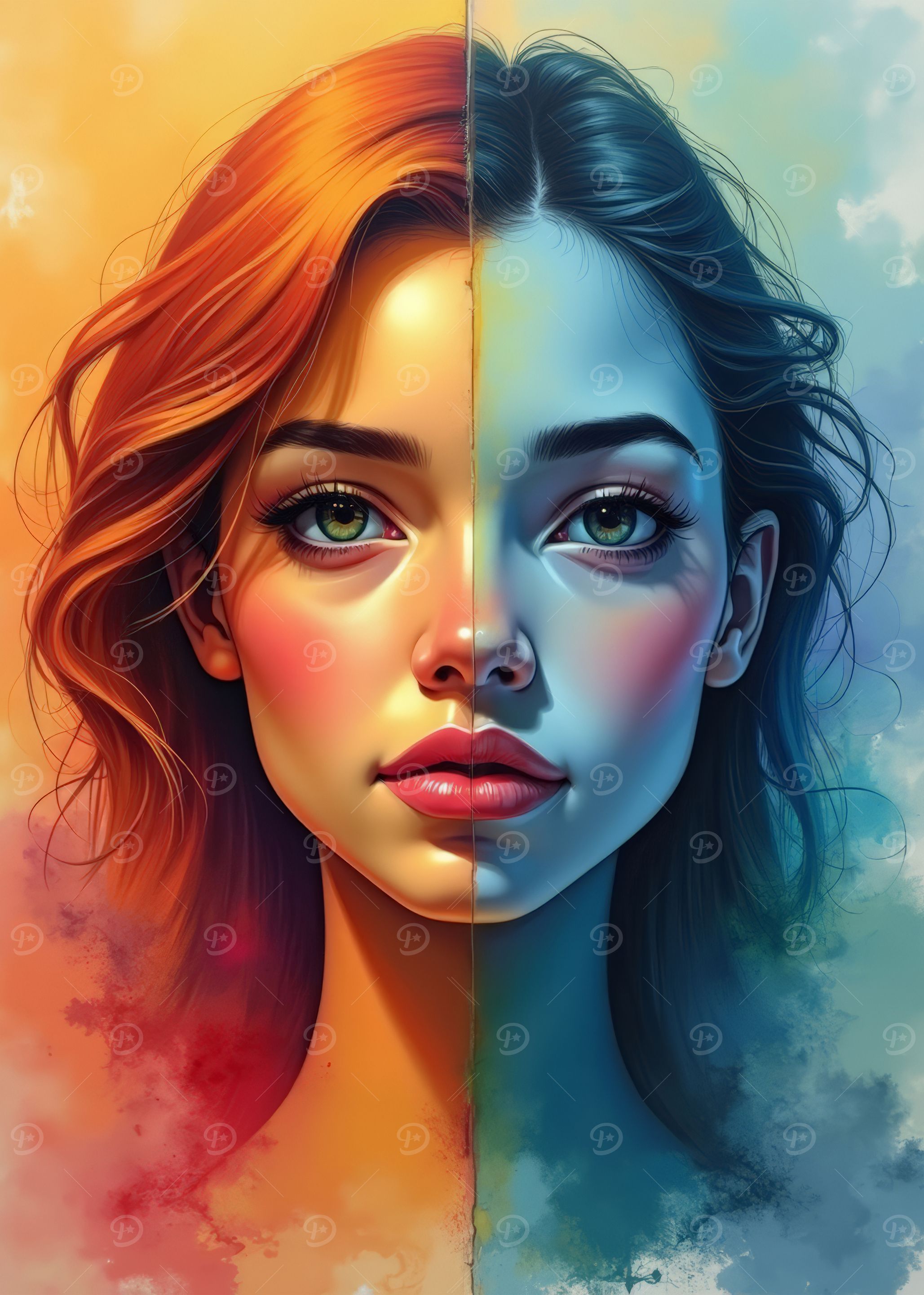 'Dual Portrait, Fire and Water' Poster, picture, metal print, paint by ...