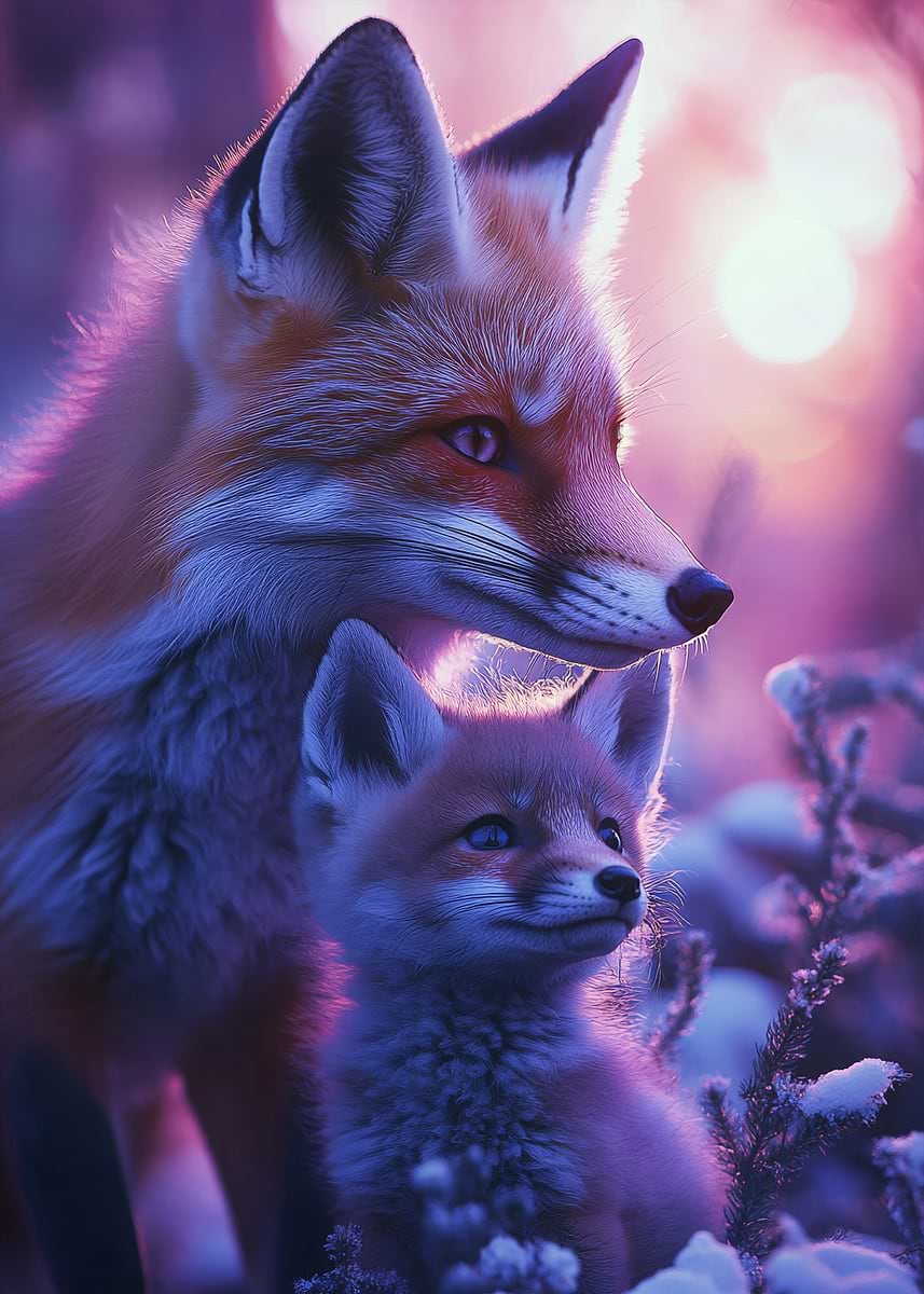 'Fox Family Sunset' Poster, picture, metal print, paint by Oliver Qo ...
