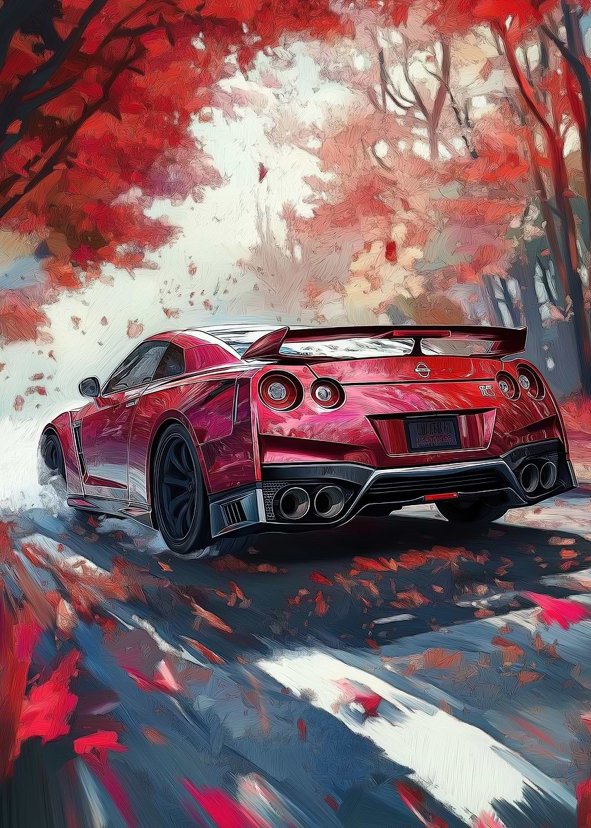 'Red Nissan GT-R in Autumn' Poster, picture, metal print, paint by ...