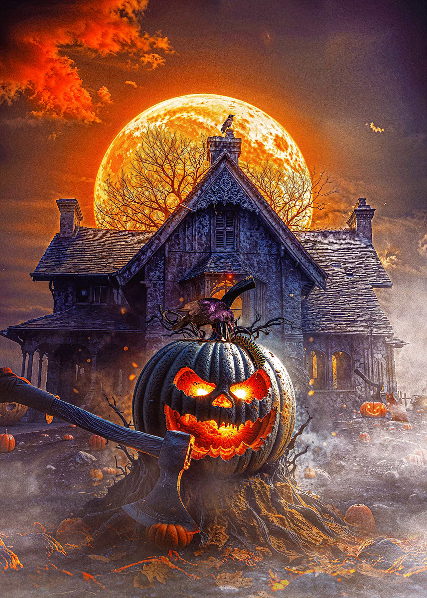 'Halloween Pumpkin & Haunted House' Poster, picture, metal print, paint ...
