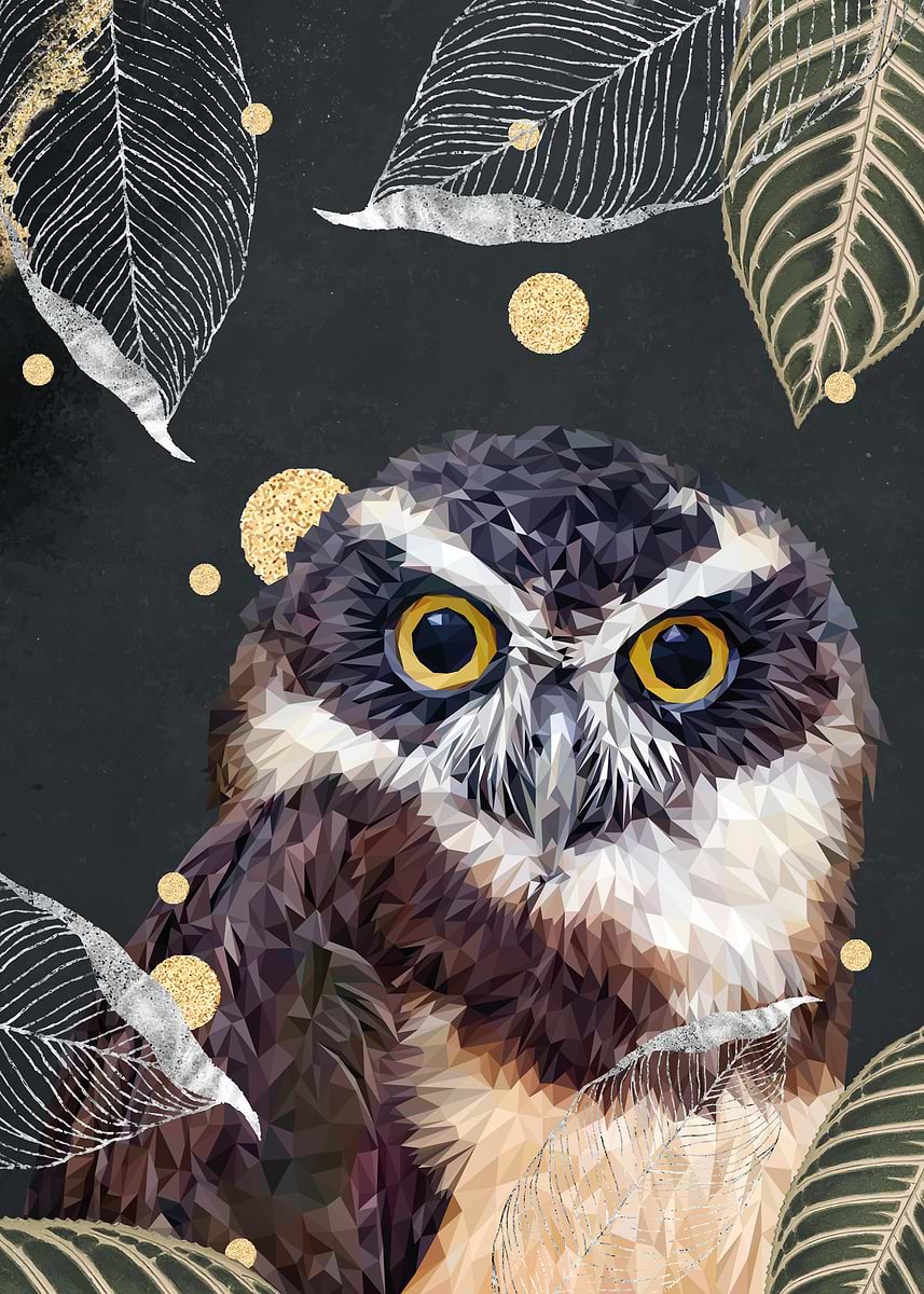 'Geometric Owl with Leaves' Poster, picture, metal print, paint by ...
