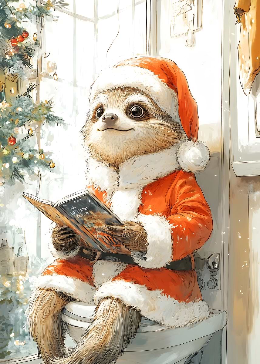 'Sloth Santa Reading' Poster, picture, metal print, paint by Melvina ...
