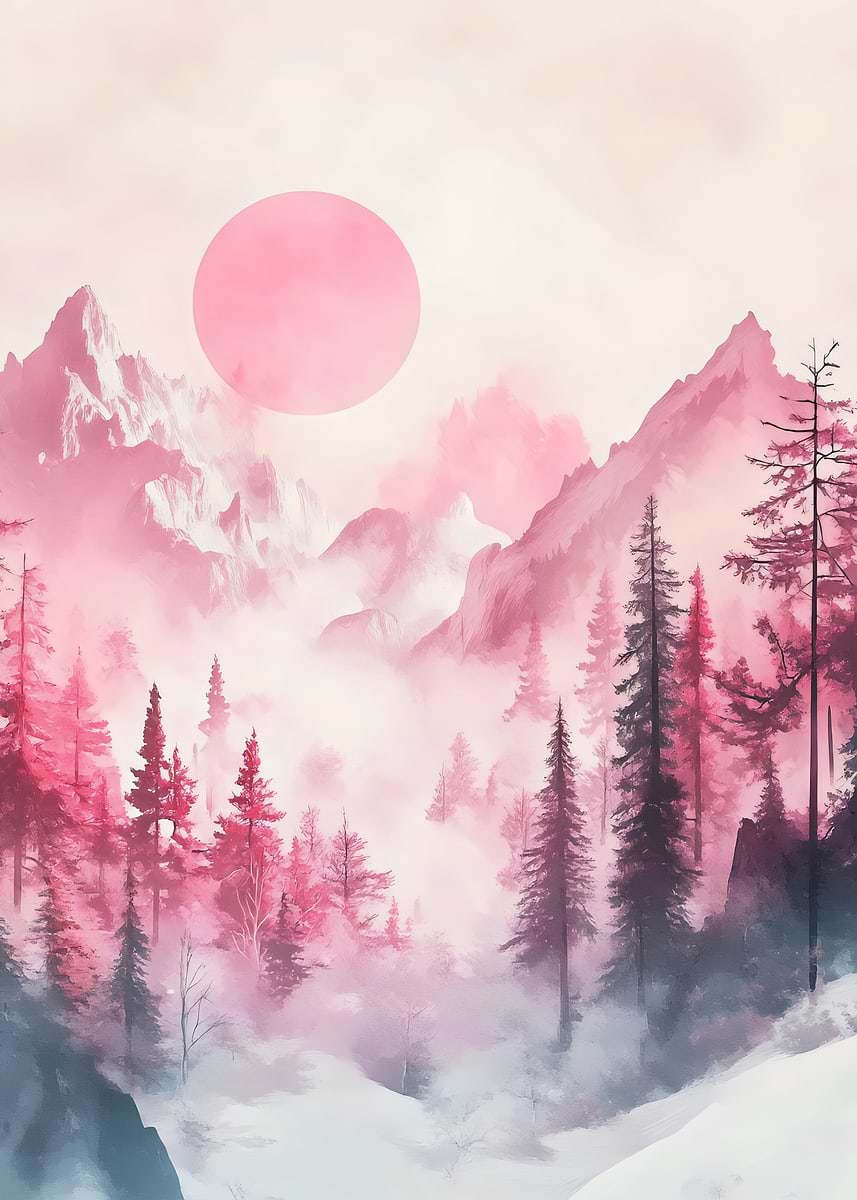 'Pink Mountain Landscape' Poster, picture, metal print, paint by Dragan ...
