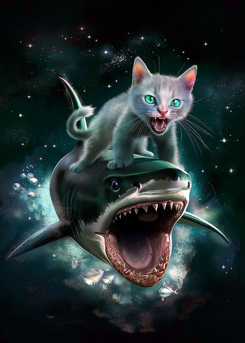 'Space Cat Riding Shark' Poster, picture, metal print, paint by Nova ...