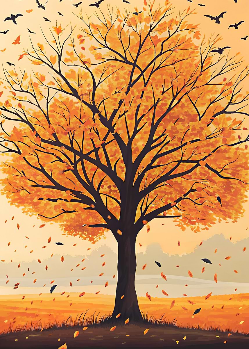 'Autumn Tree with birds ' Poster, picture, metal print, paint by Nitesh ...