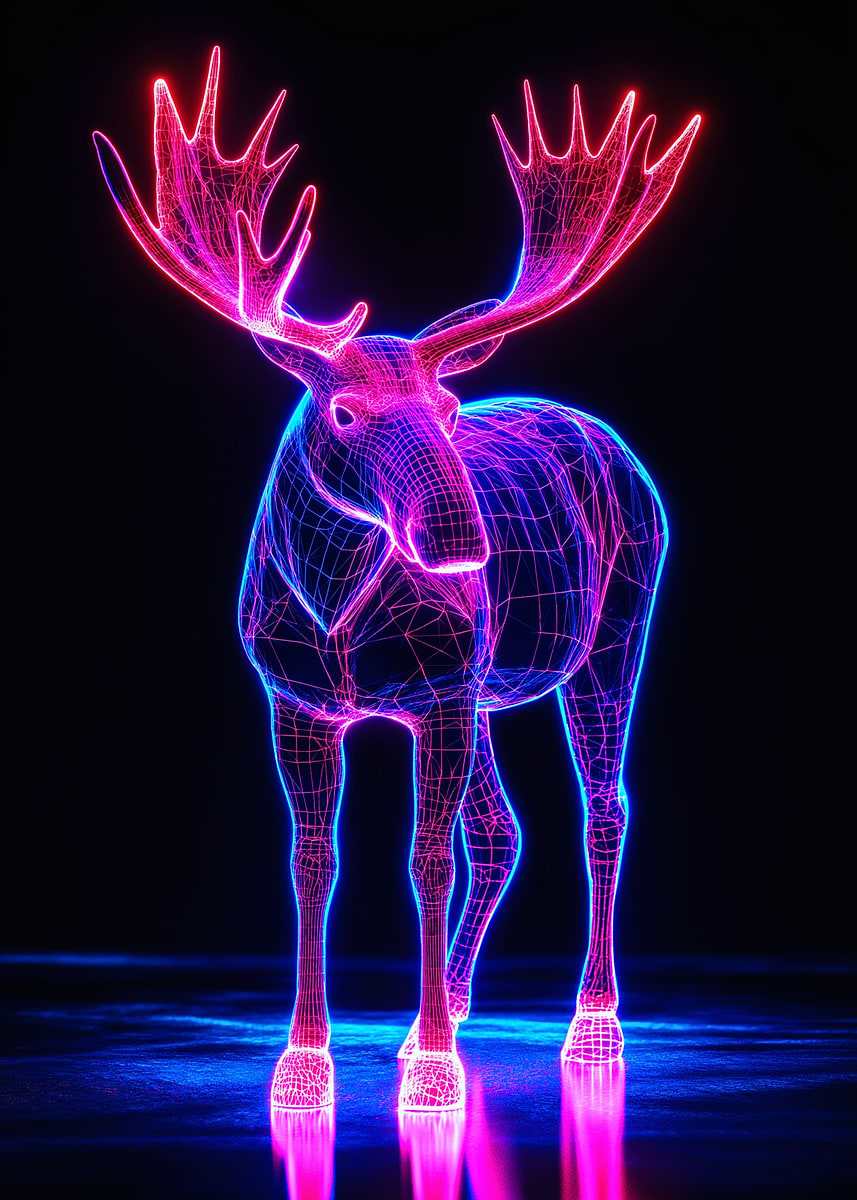 'Neon Wireframe Moose' Poster, picture, metal print, paint by ...