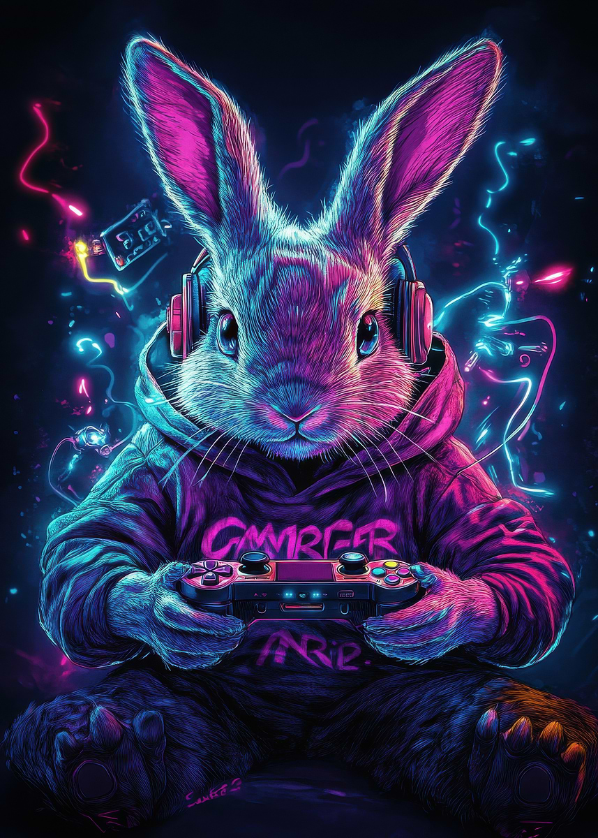 'Rabbit neon game' Poster, picture, metal print, paint by MOHAMED ...