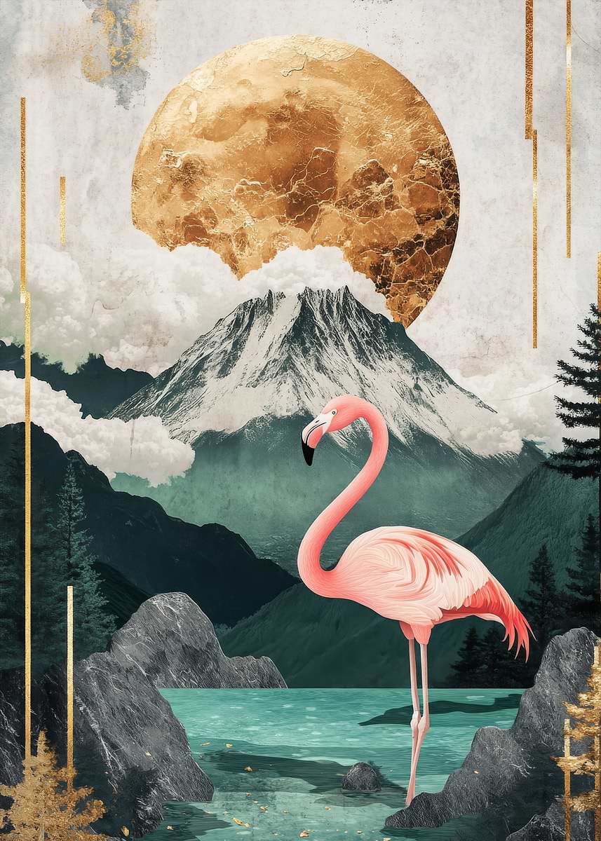 'Pink Flamingo Mountain Landscape' Poster, picture, metal print, paint ...