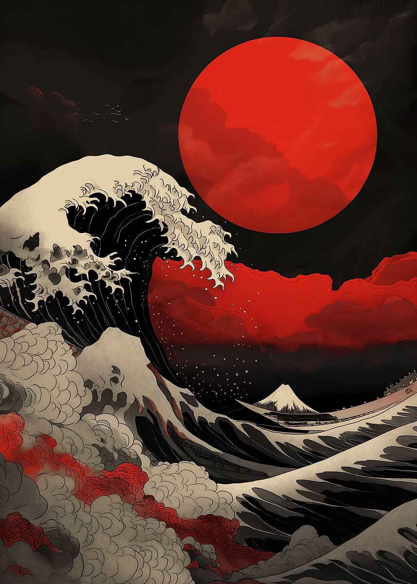 'Red Moon Wave' Poster, picture, metal print, paint by Artistic Prints ...