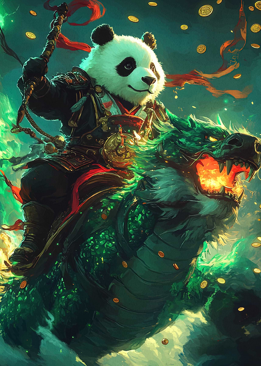 'Panda Rider on Dragon' Poster, picture, metal print, paint by Lyon ...