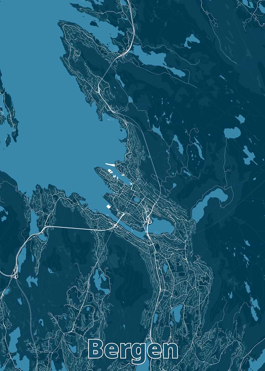 'Bergen City Map' Poster, picture, metal print, paint by Sam Kal | Displate
