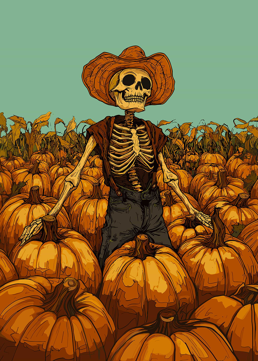 'Skeleton Pumpkin Farmer' Poster, picture, metal print, paint by Omar Kanan | Displate
