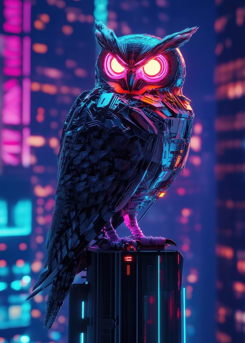 'Cyberpunk Owl' Poster, picture, metal print, paint by Membau | Displate