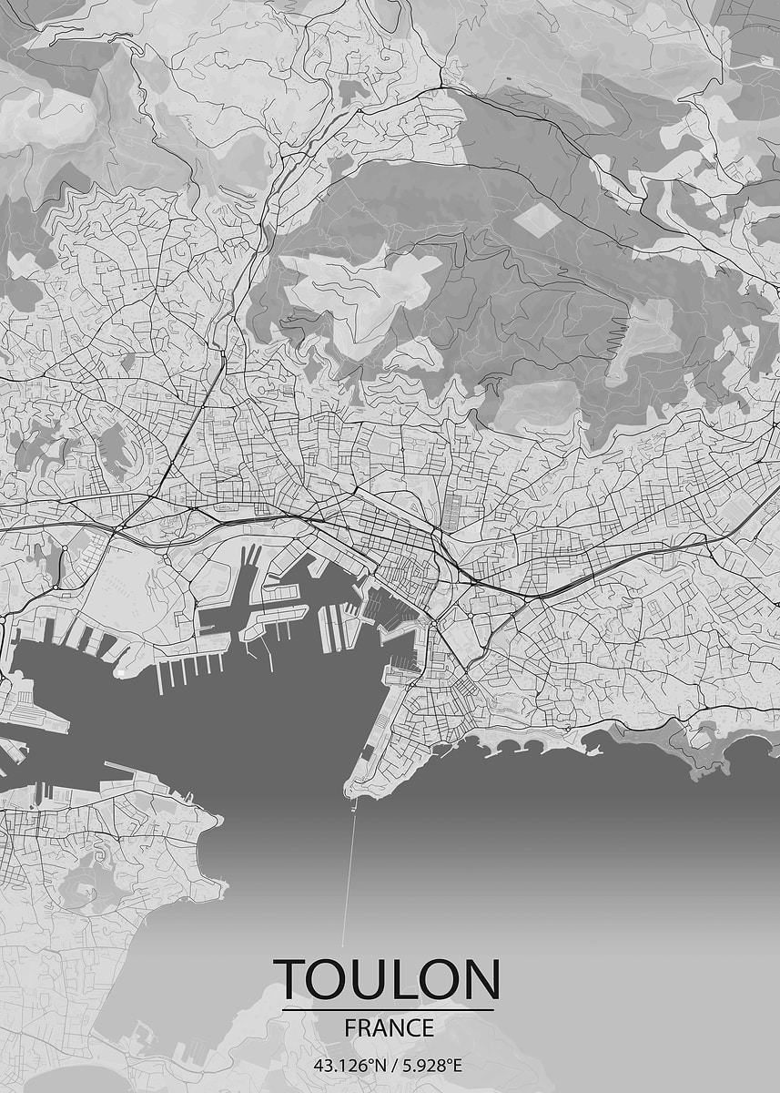 'Toulon France Light Grey City Map' Poster, picture, metal print, paint ...