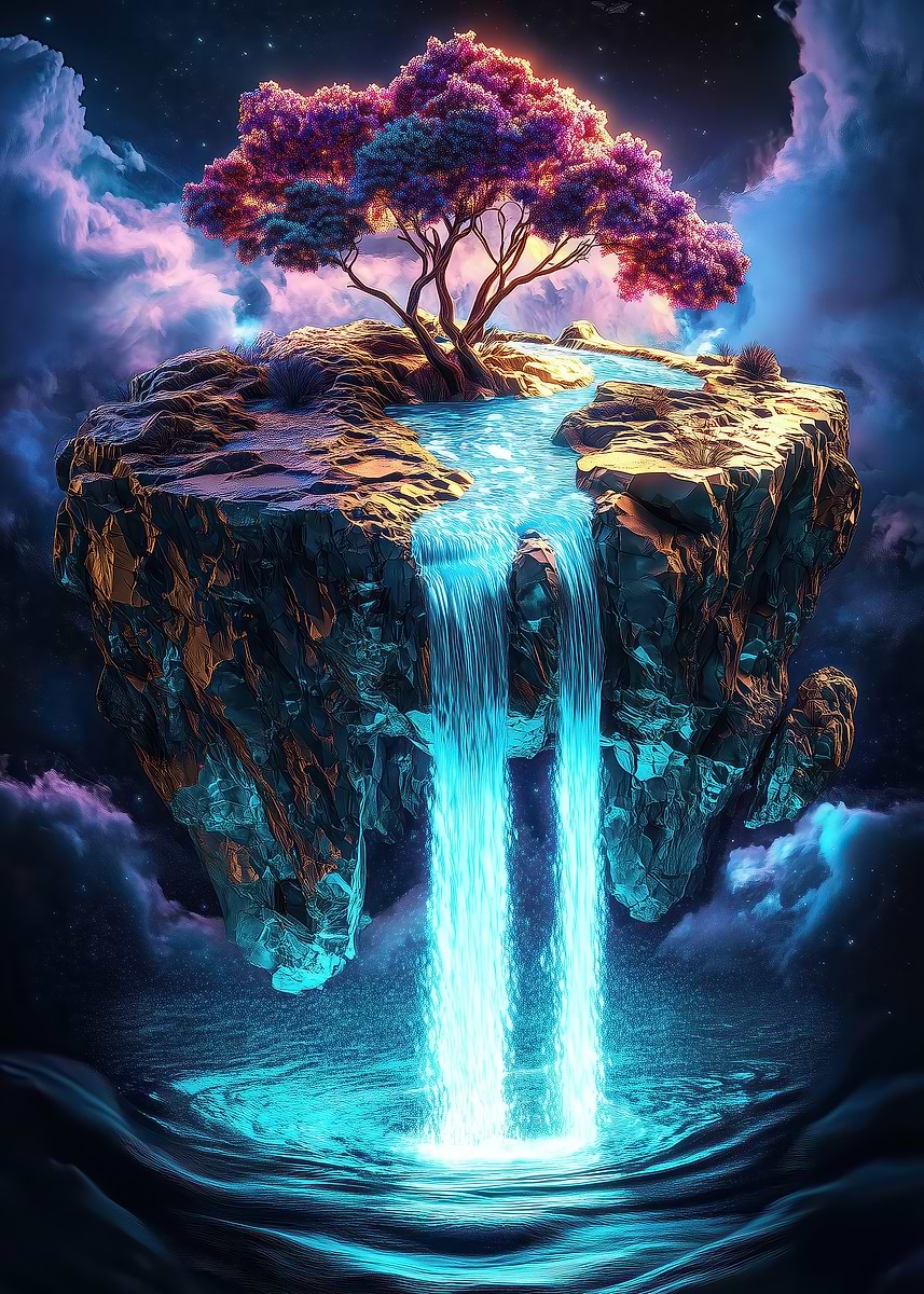 'Floating Island Waterfall' Poster, picture, metal print, paint by ...