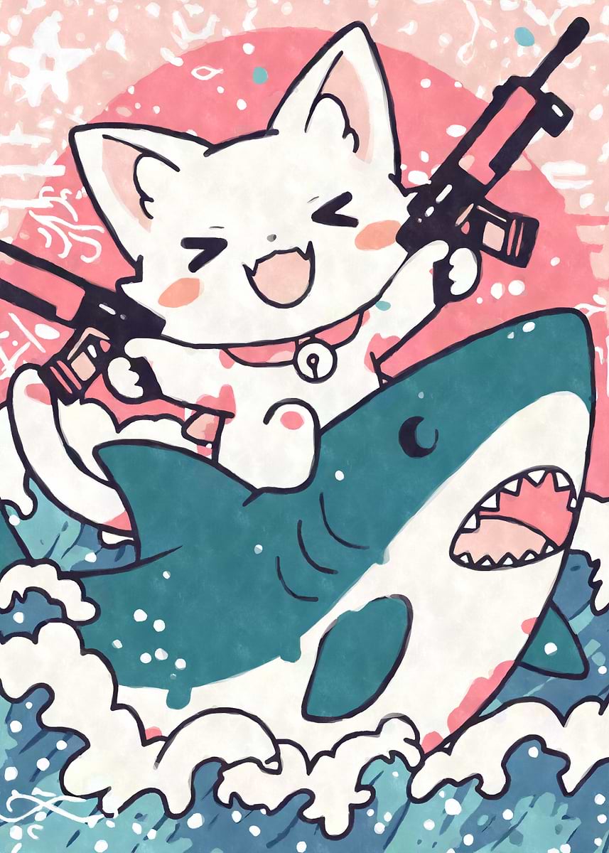'Kawaii Cat Riding Shark with Guns' Poster, picture, metal print, paint ...