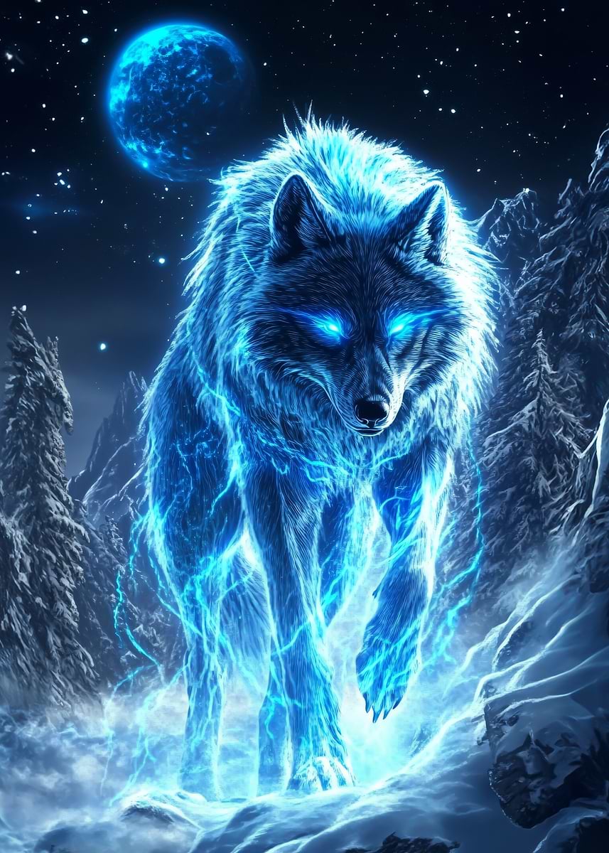 'Electric Wolf in Snowy Landscape' Poster, picture, metal print, paint ...