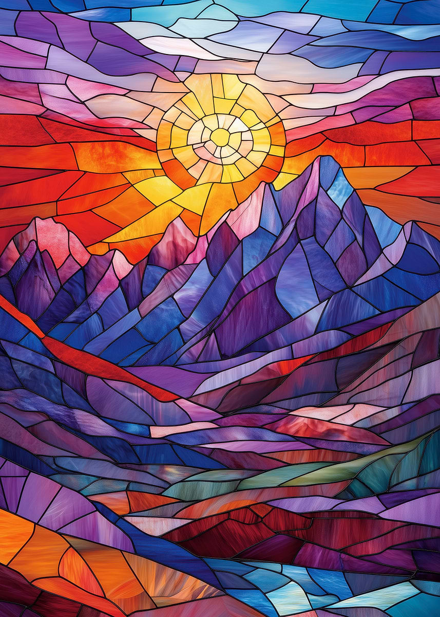 'Stained Glass Mountain Sunset' Poster, picture, metal print, paint by ...