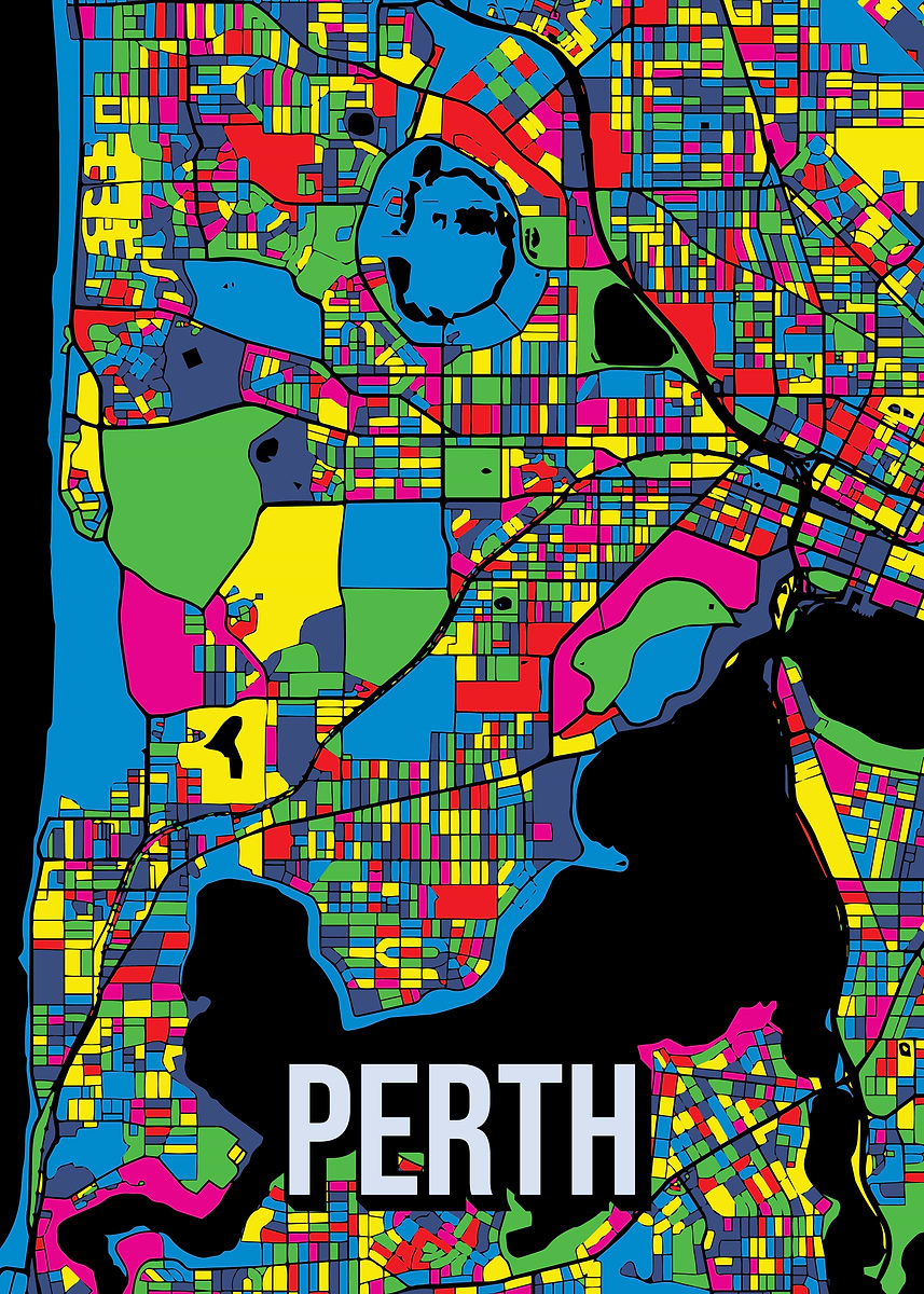 'Perth Pop Art Colorful City Map' Poster, picture, metal print, paint ...