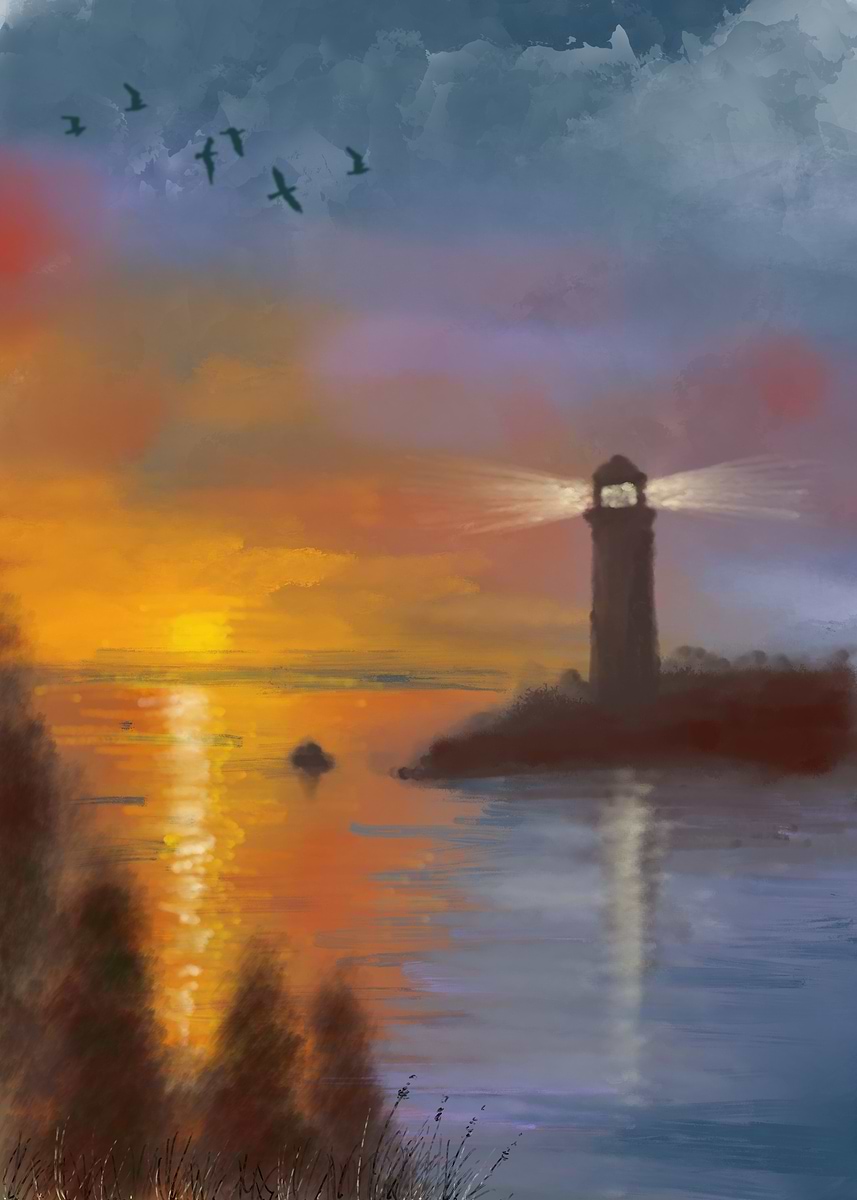'Lighthouse Sunset' Poster, picture, metal print, paint by Benjamin ...